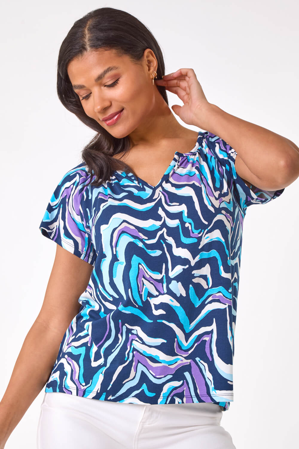 Blue Abstract Wave Print Stretch Top | Roman UK