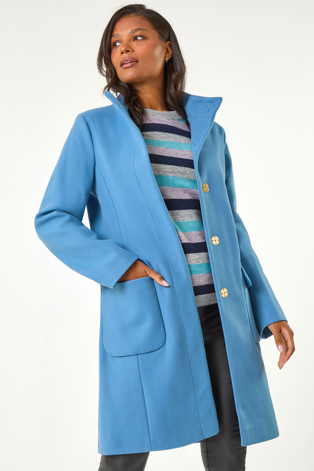 Blue Double Breasted Funnel Tie Waist Coat | Roman UK