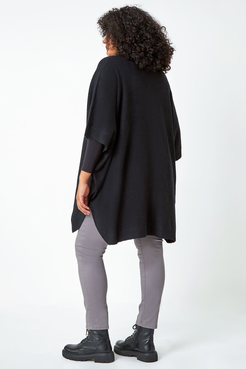 Black Curve Button Detail Stretch Poncho | Roman UK