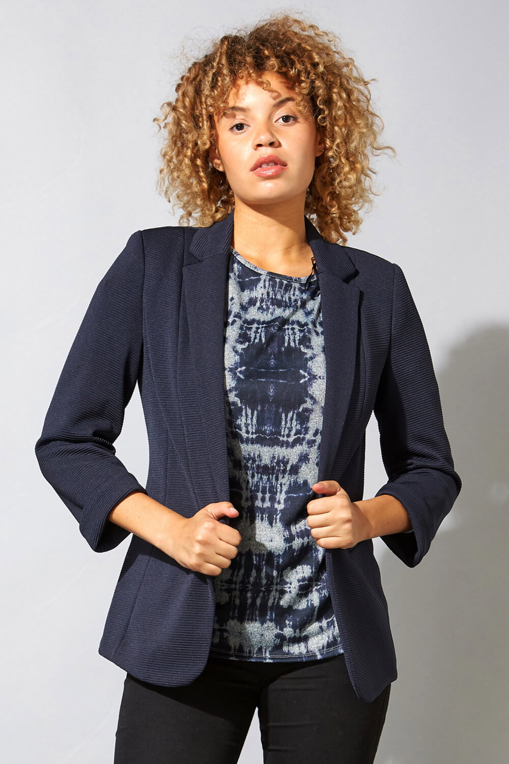 Ribbed 3/4 Sleeve Roll Cuff Jacket in Navy - Roman Originals UK