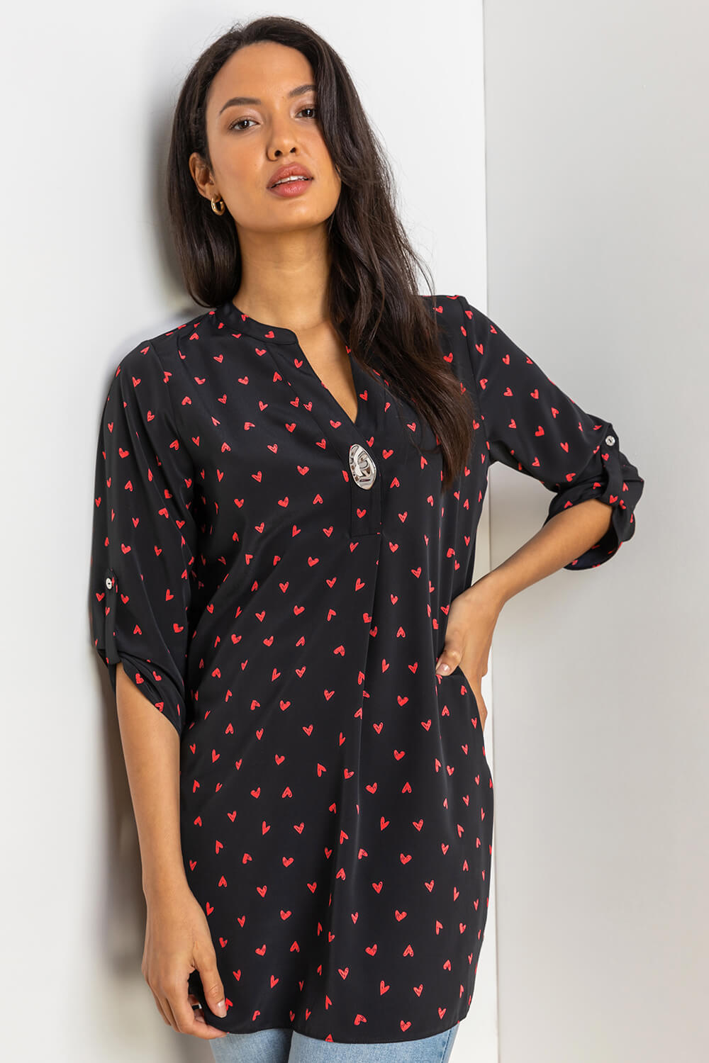 Longline Button Detail Heart Print Top in Pink - Roman Originals UK