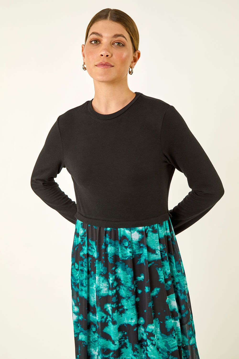Teal Abstract Print Stretch Midi Dress | Roman UK
