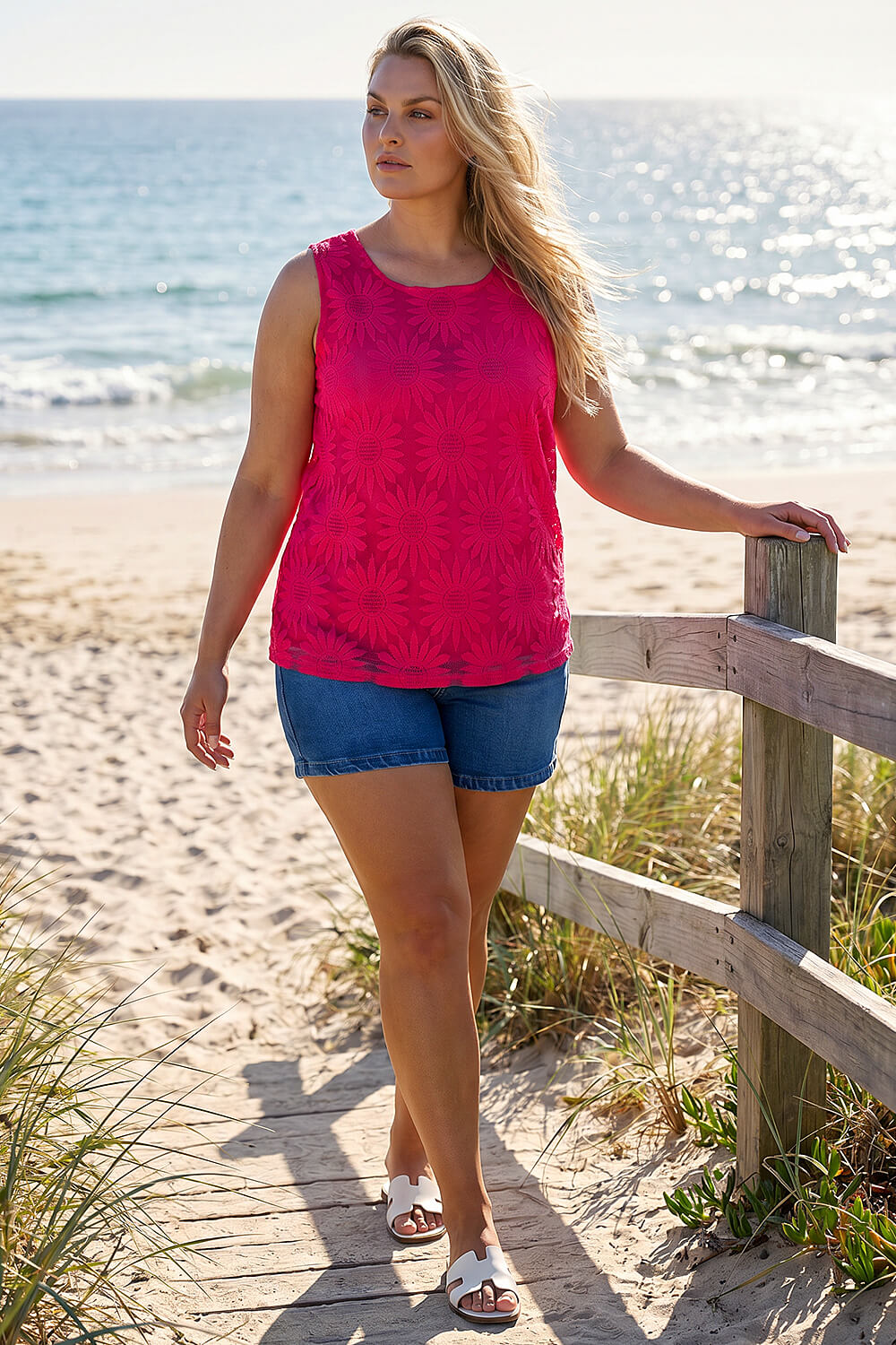 Pink Curve Sunflower Lace Texture Vest | Roman UK