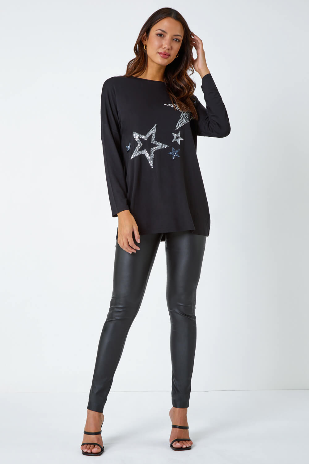 Silver Sequin Star Print Tunic Stretch Top | Roman UK