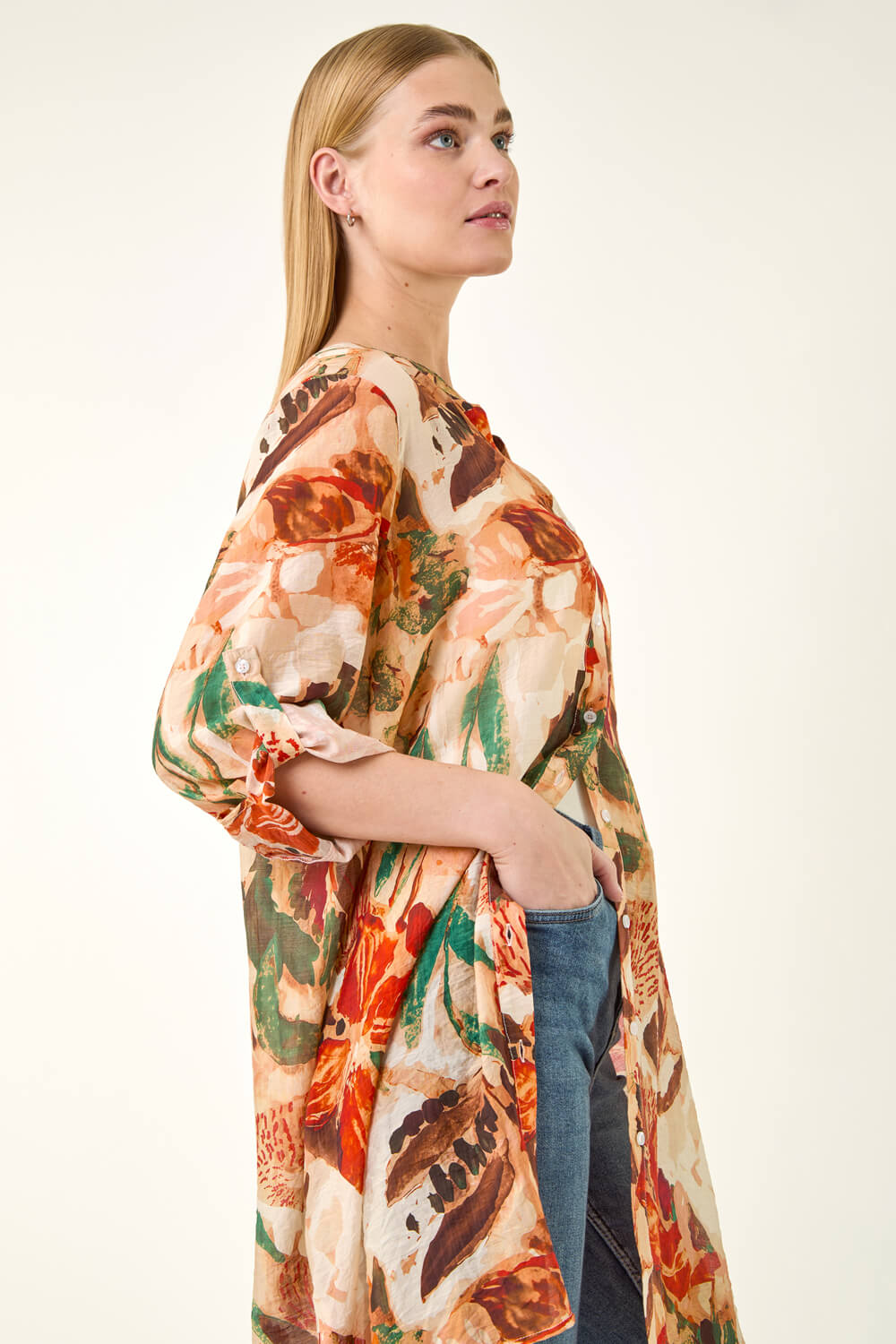 Orange Abstract Print Button Longline Blouse | Roman UK