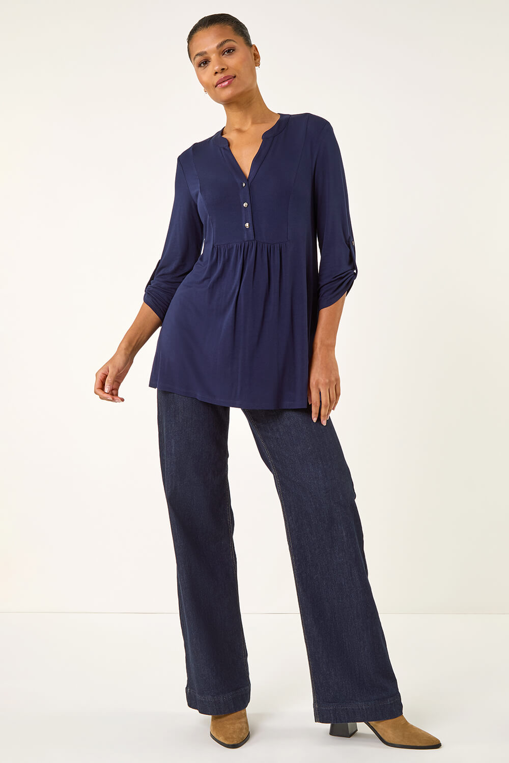 Navy Button Detail Tunic Top | Roman UK