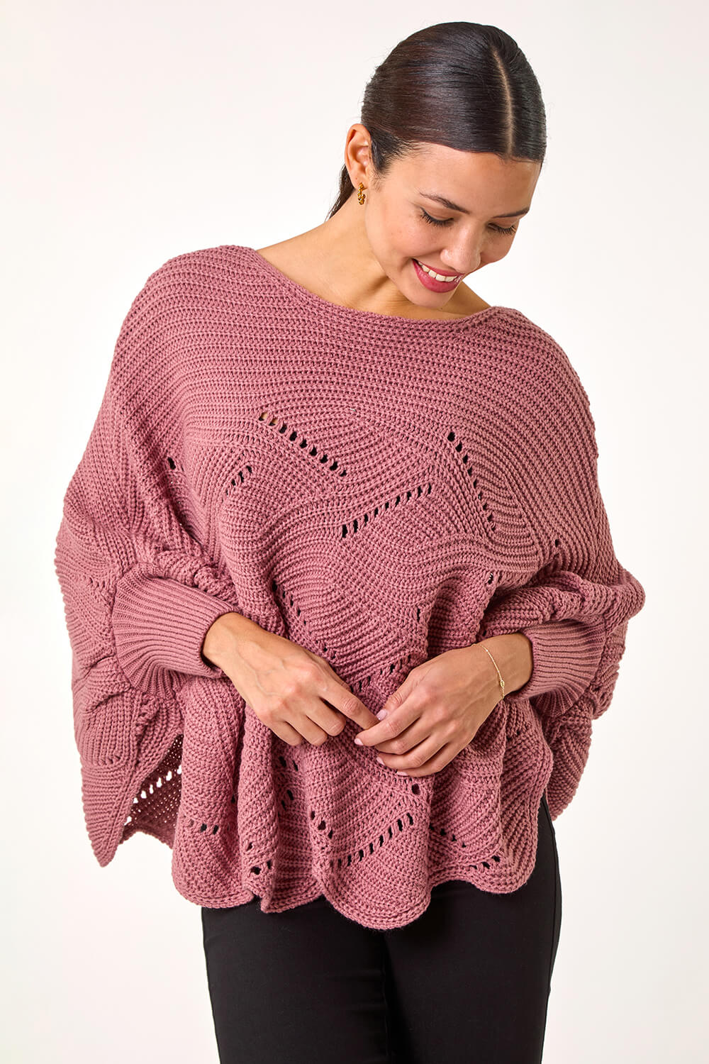 Pink Pointelle Detail Knit Poncho | Roman UK