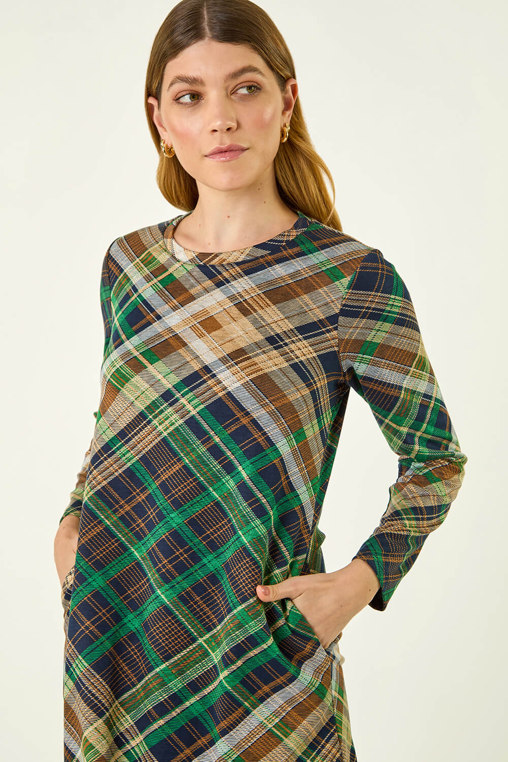 Green Check Print Swing Pocket Dress | Roman UK