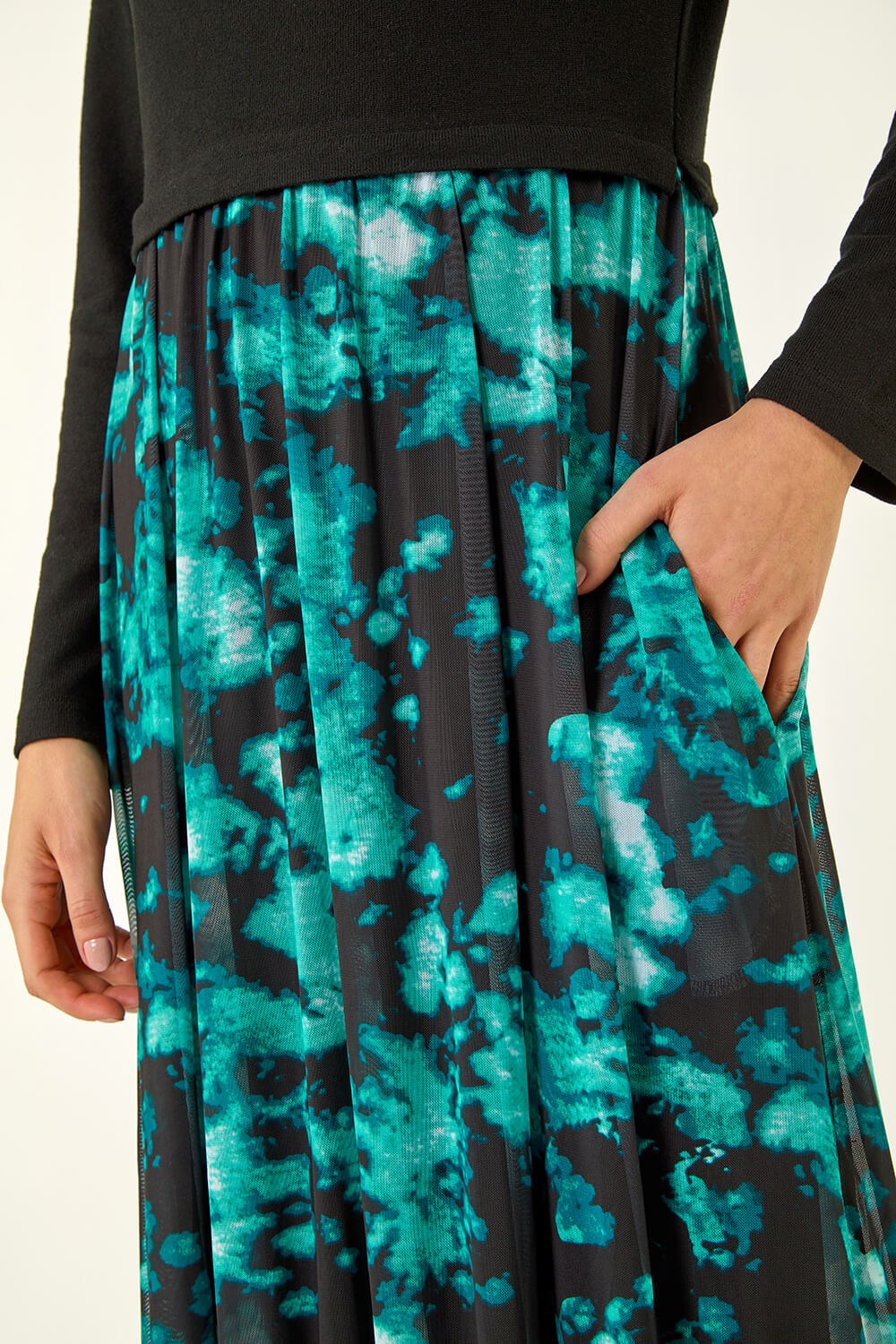 Teal Abstract Print Stretch Midi Dress | Roman UK