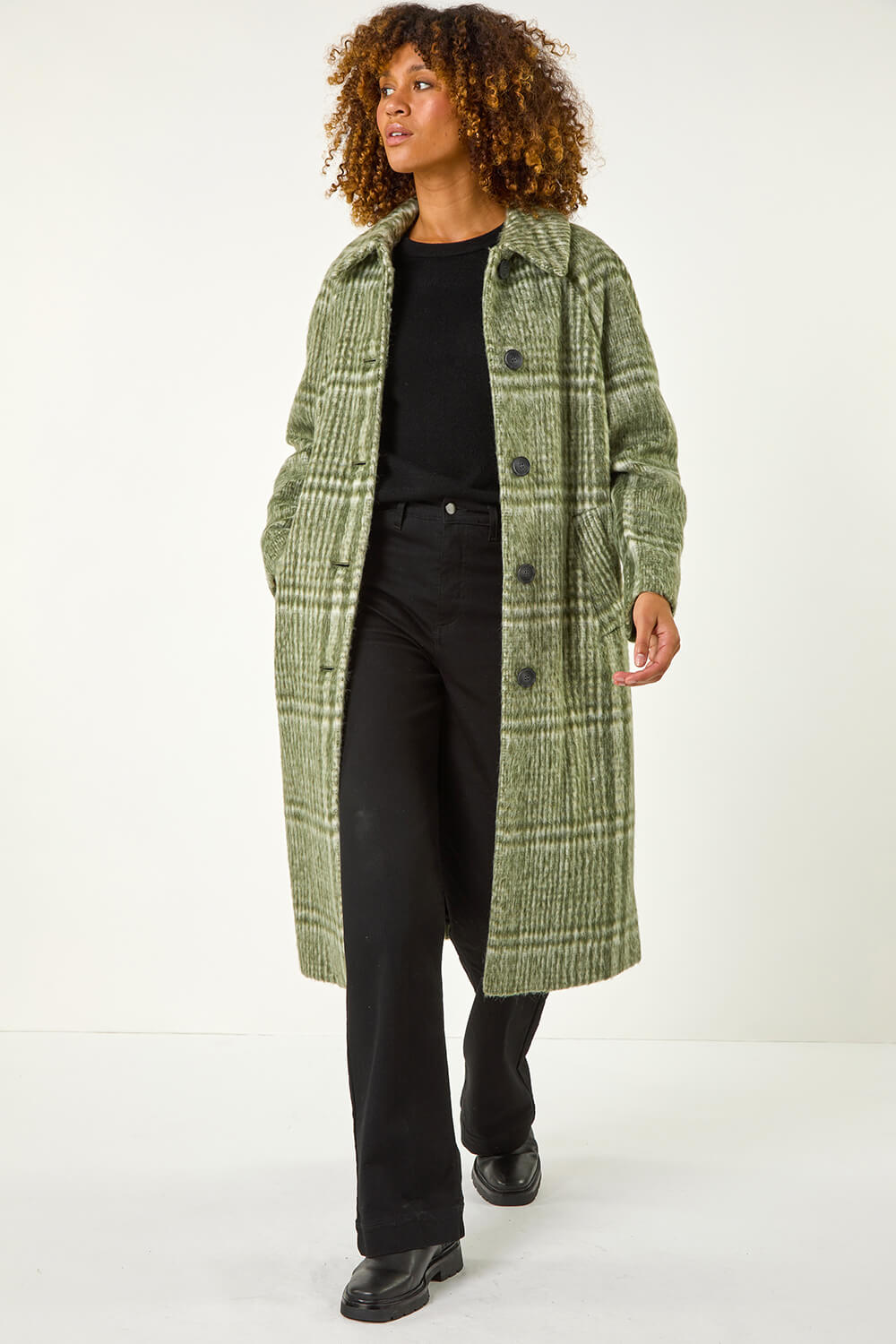 Green Check Print Brushed Buttoned Coat | Roman UK