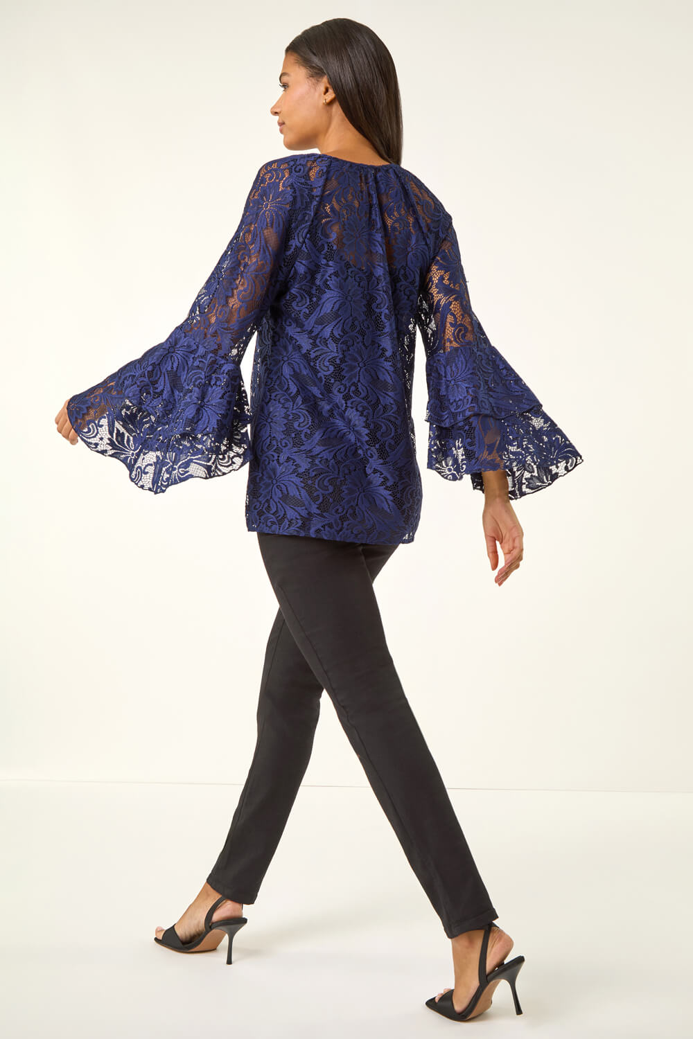 Blue Tie Neck Lace Detail Top | Roman UK