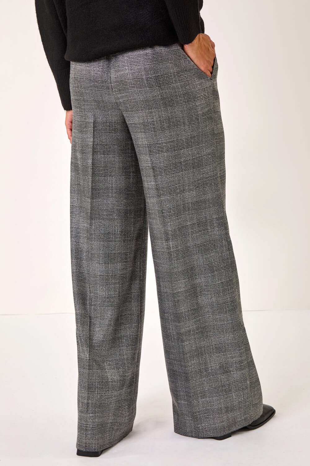 Grey Check Print Tie Front Wide Leg Trouser | Roman UK
