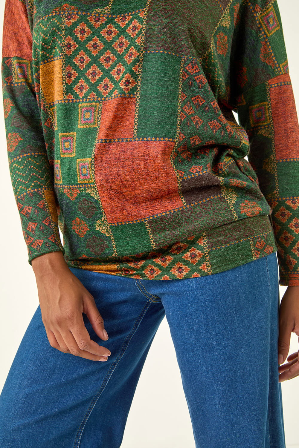 Green Patchwork Print Snit Top | Roman UK