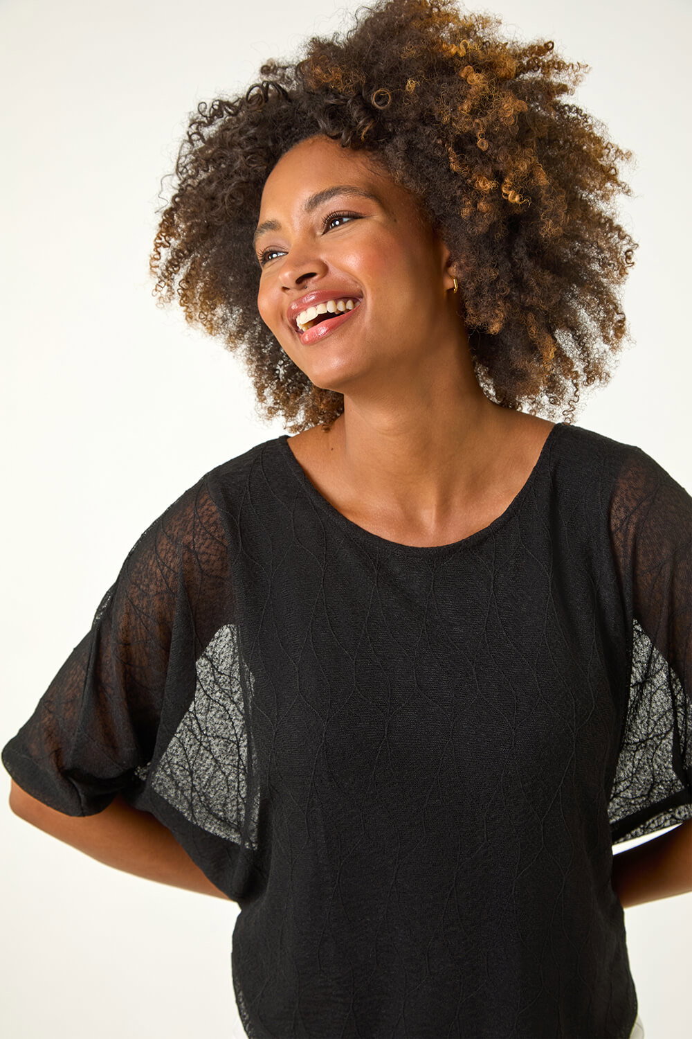 Black Mesh Bubble Hem Stretch Top | Roman UK