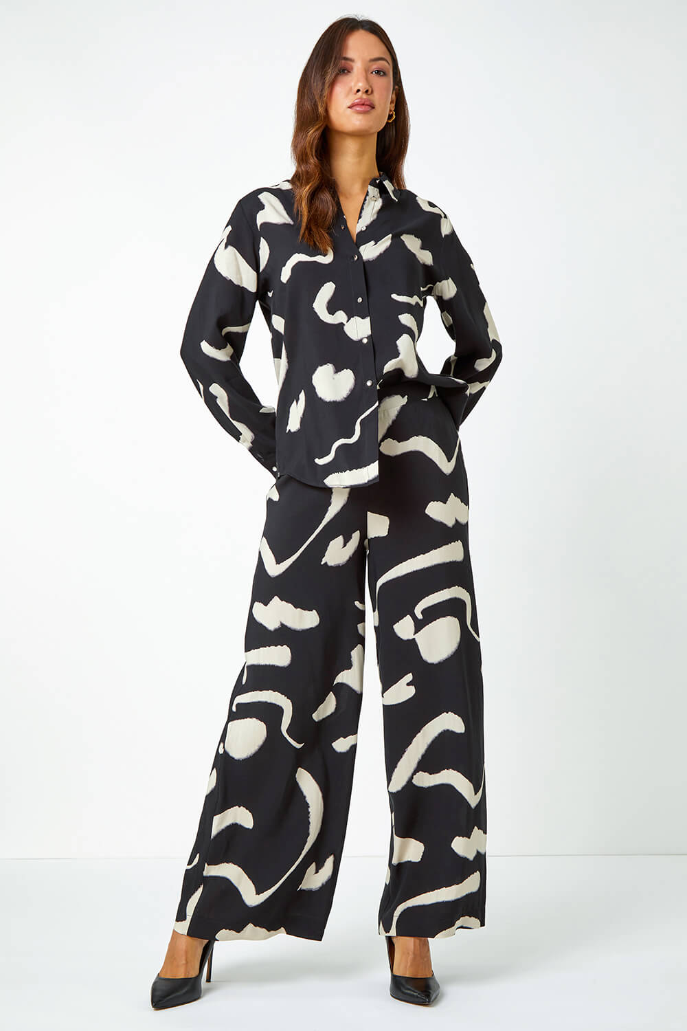 Black Abstract Print Longline Shirt | Roman UK