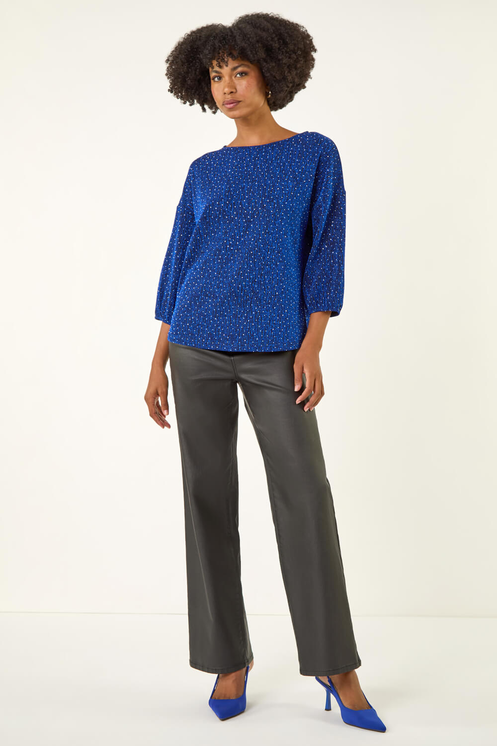 Blue Metallic Textured Stretch Top | Roman UK