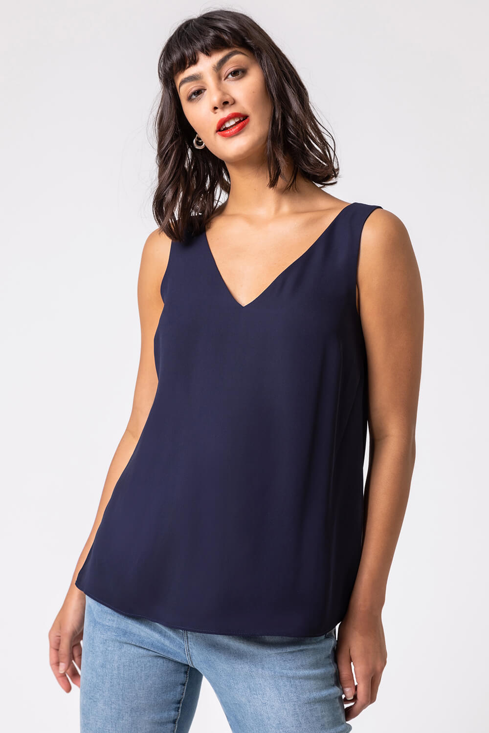 V-Neck Sleeveless Vest Top in Navy - Roman Originals UK