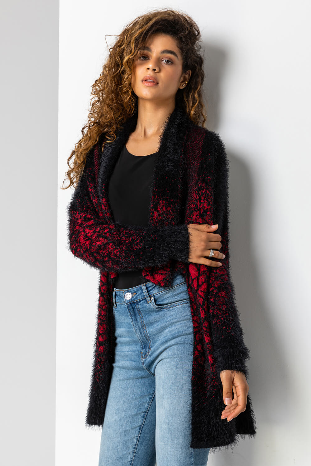 Mosaic Print Fluffy Cardigan in Red - Roman Originals UK