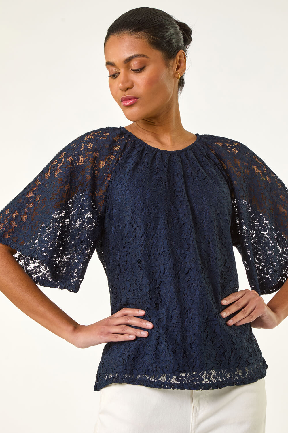 Navy Lace Angel Sleeve Top | Roman UK