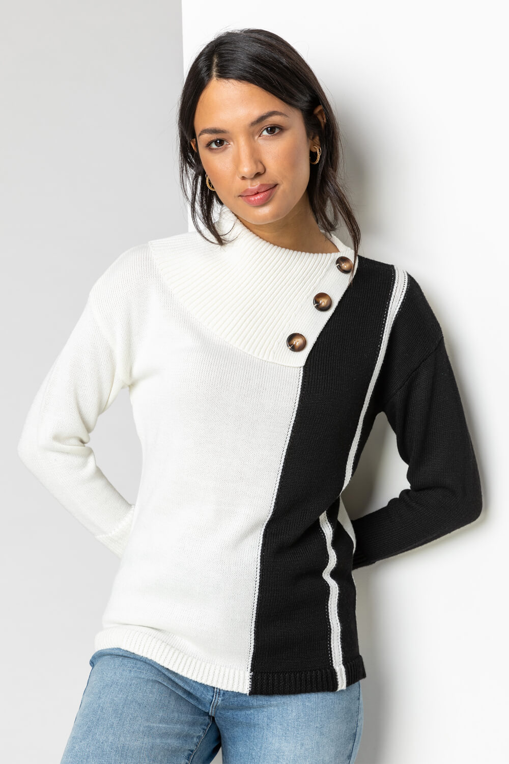 Colourblock Cowl Neck Button Jumper in Ivory - Roman Originals UK