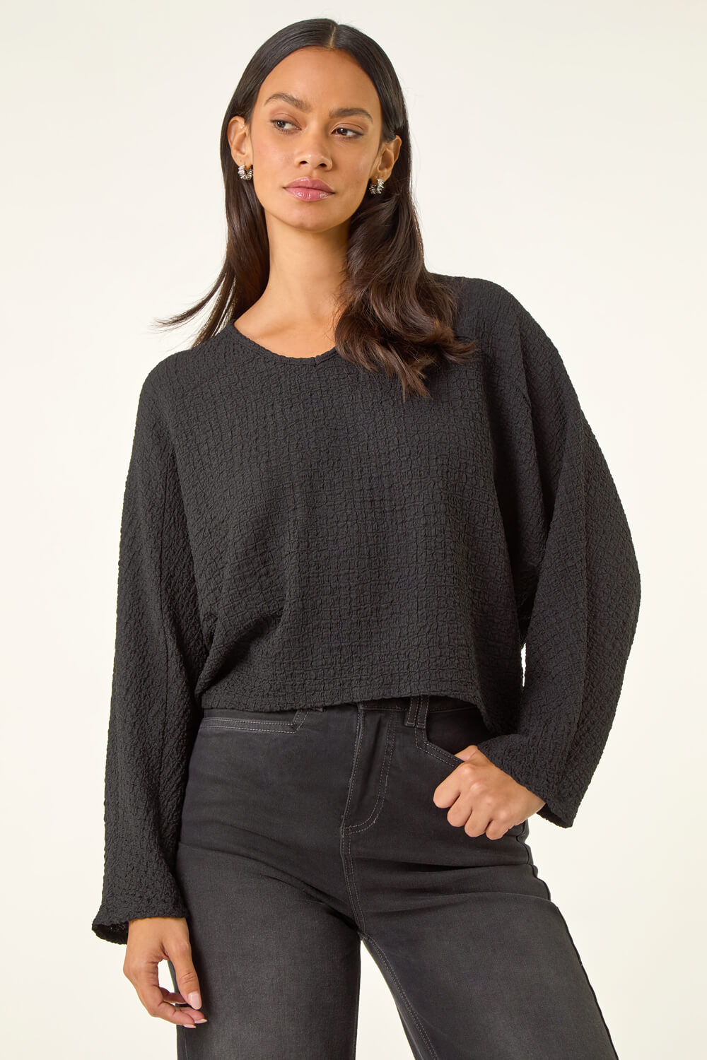 Black Dusk Textured Batwing Top | Roman UK