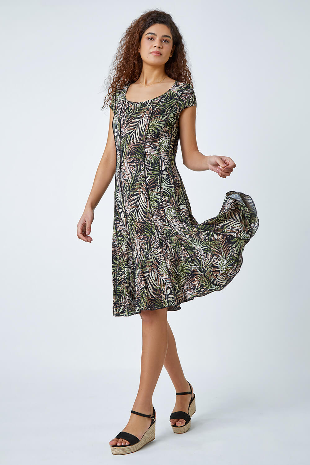 Khaki Leaf Print Panel Stretch Dress | Roman UK