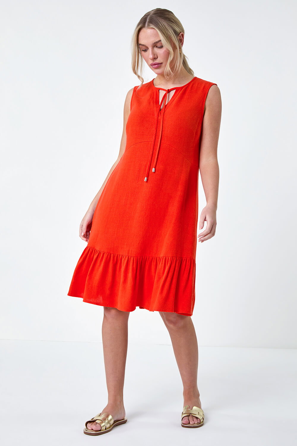 Orange Petite Linen Blend Tie Frill Hem Dress | Petite UK