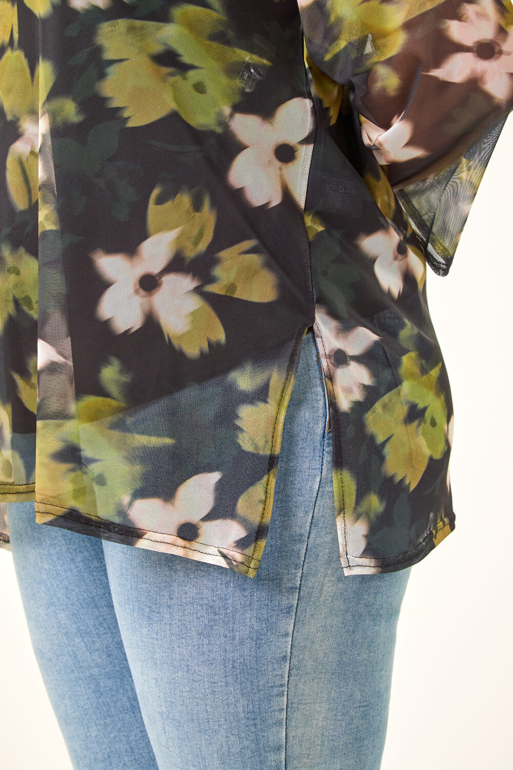 Green Curve Floral Print Mesh Top | Roman UK