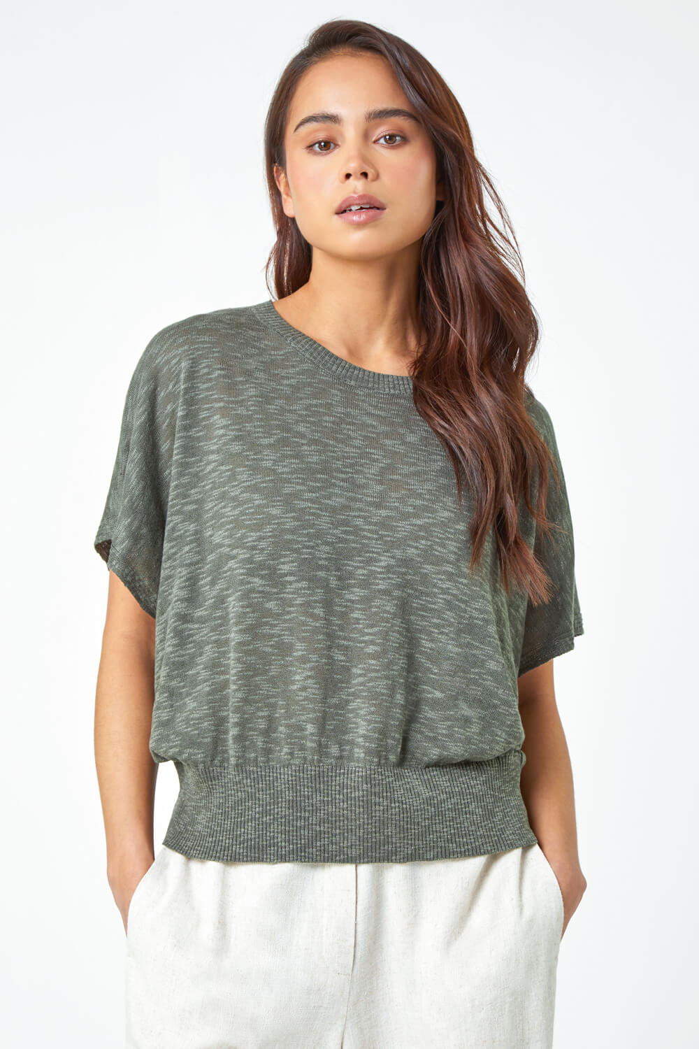 Khaki Petite Cotton Blend Textured Knit Top | Roman UK