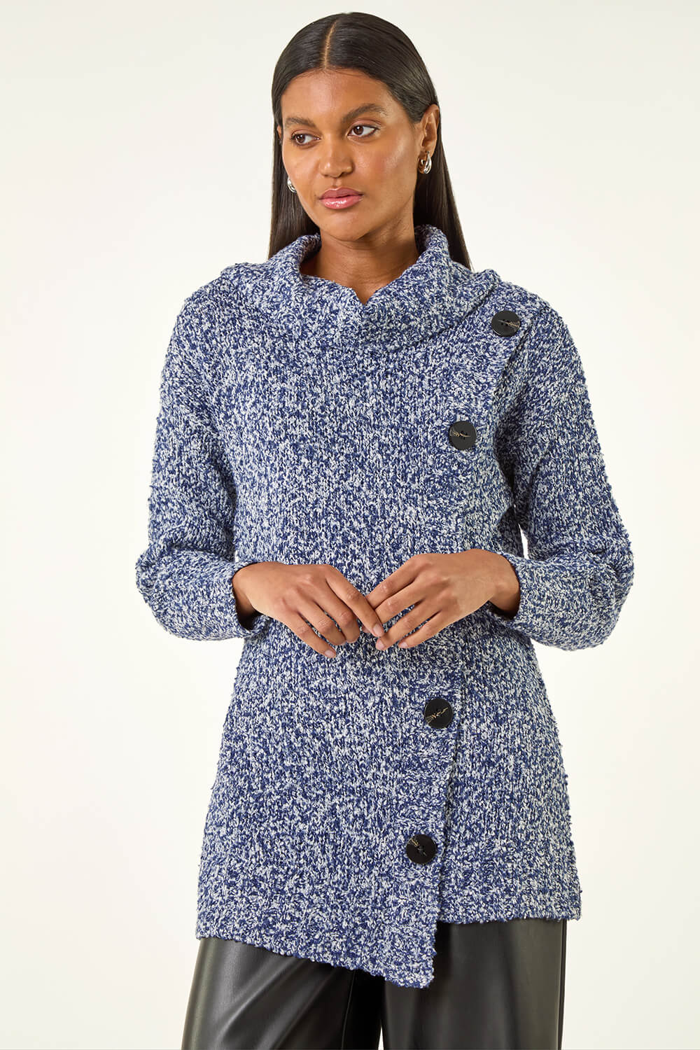 Blue Roll Neck Button Detail Jumper | Roman UK