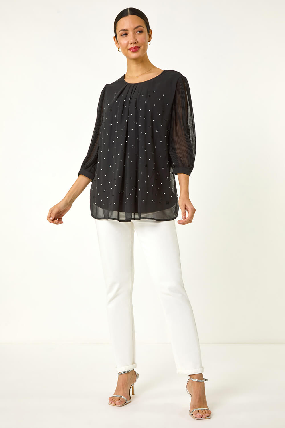 Black Pleated Sleeve Hotfix Detail Top | Roman UK
