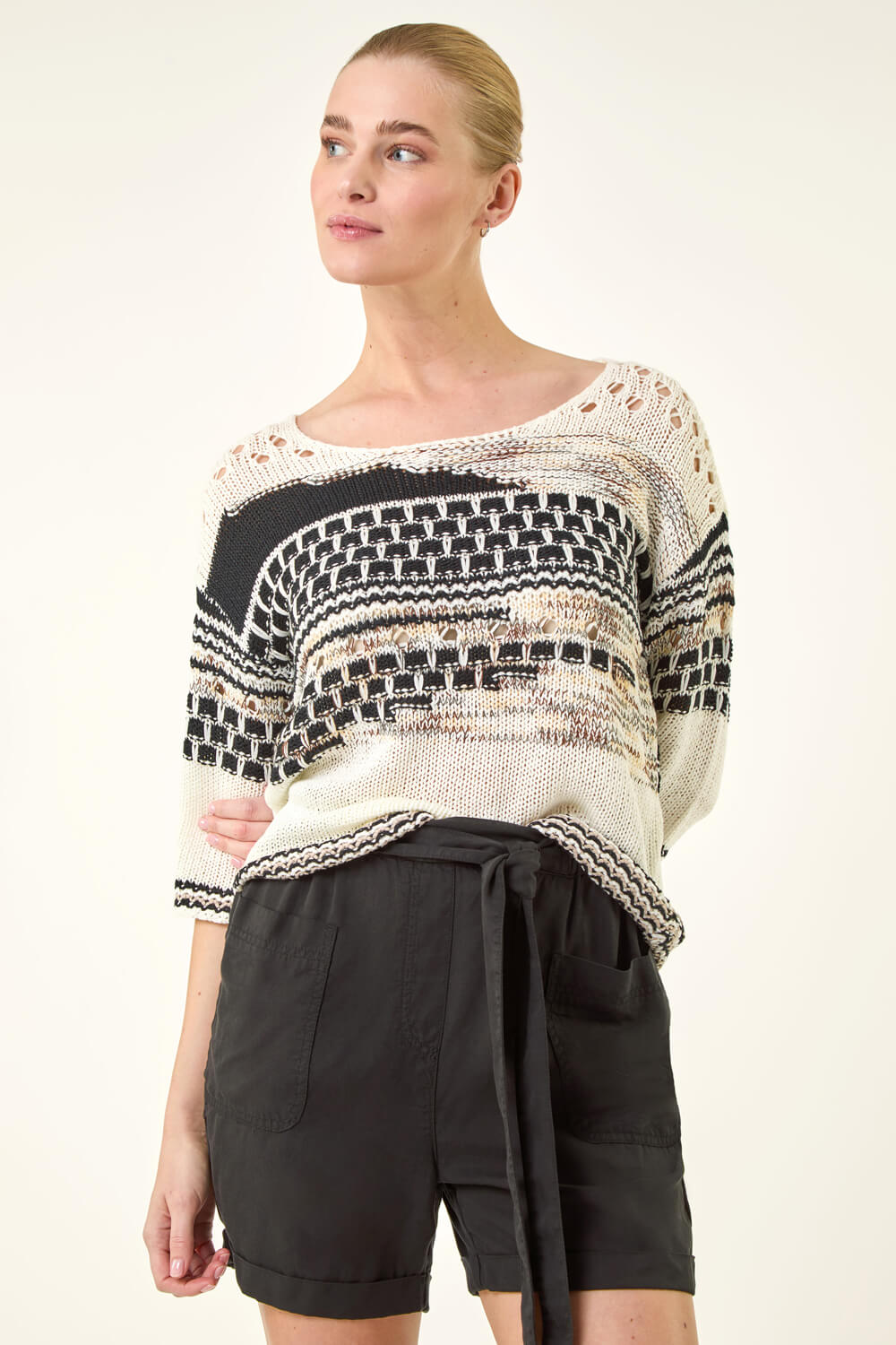 Black Textured Abstract Knit Jumper | Roman UK