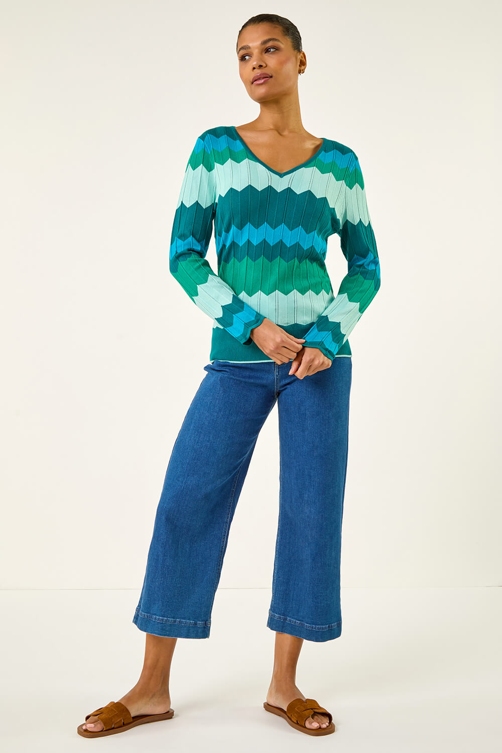 Blue Wave V-Neck Knit Jumper | Roman UK