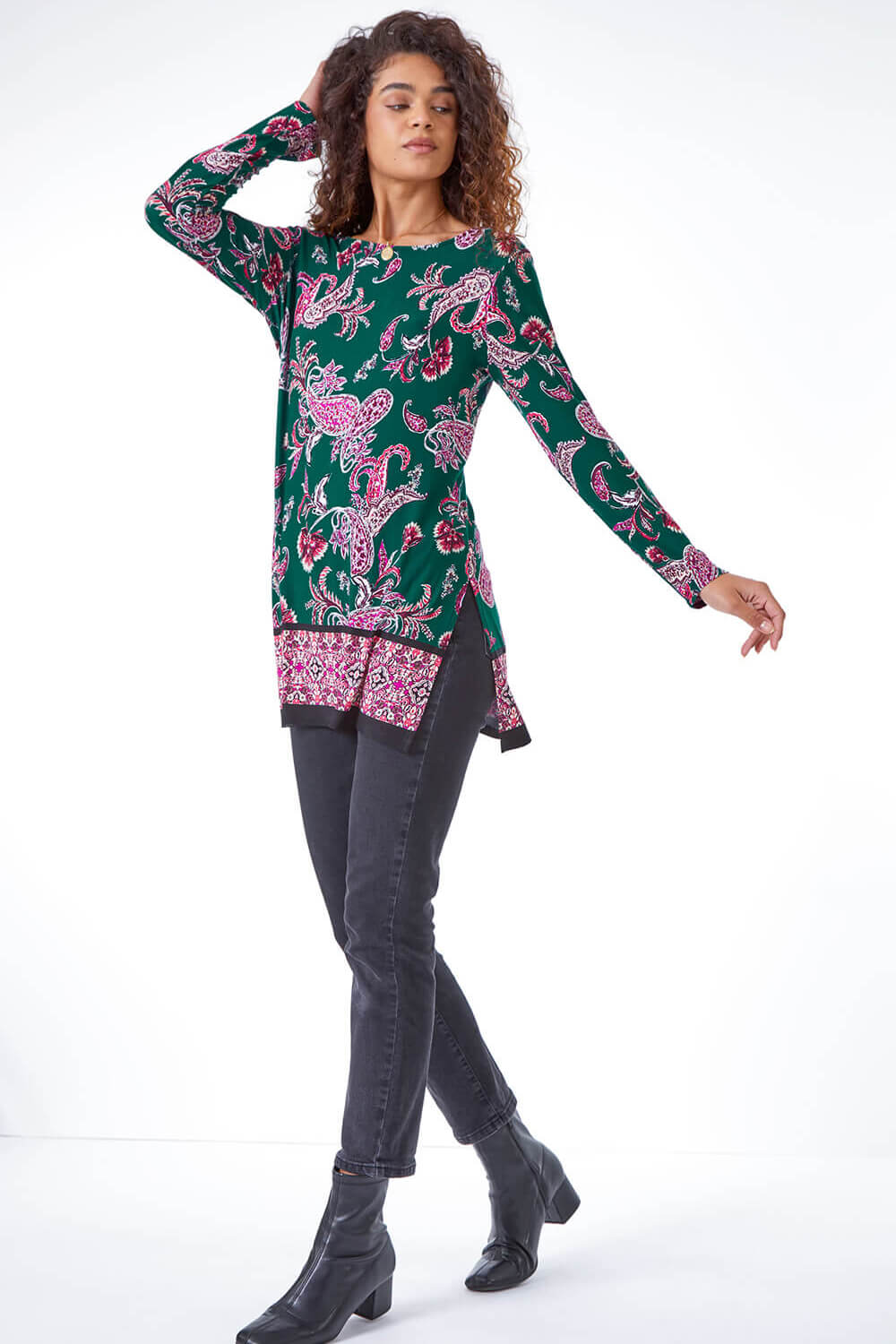 Paisley Print Longline Stretch Tunic in Green - Roman Originals UK