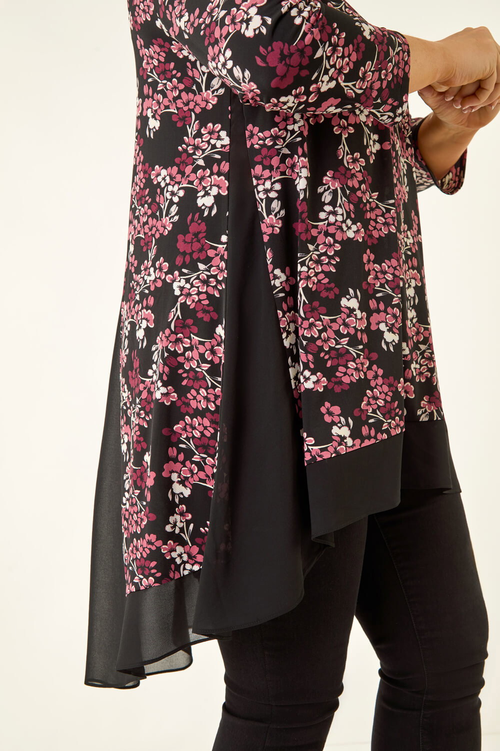 Pink Curve Floral High Low Chiffon Top | Roman UK