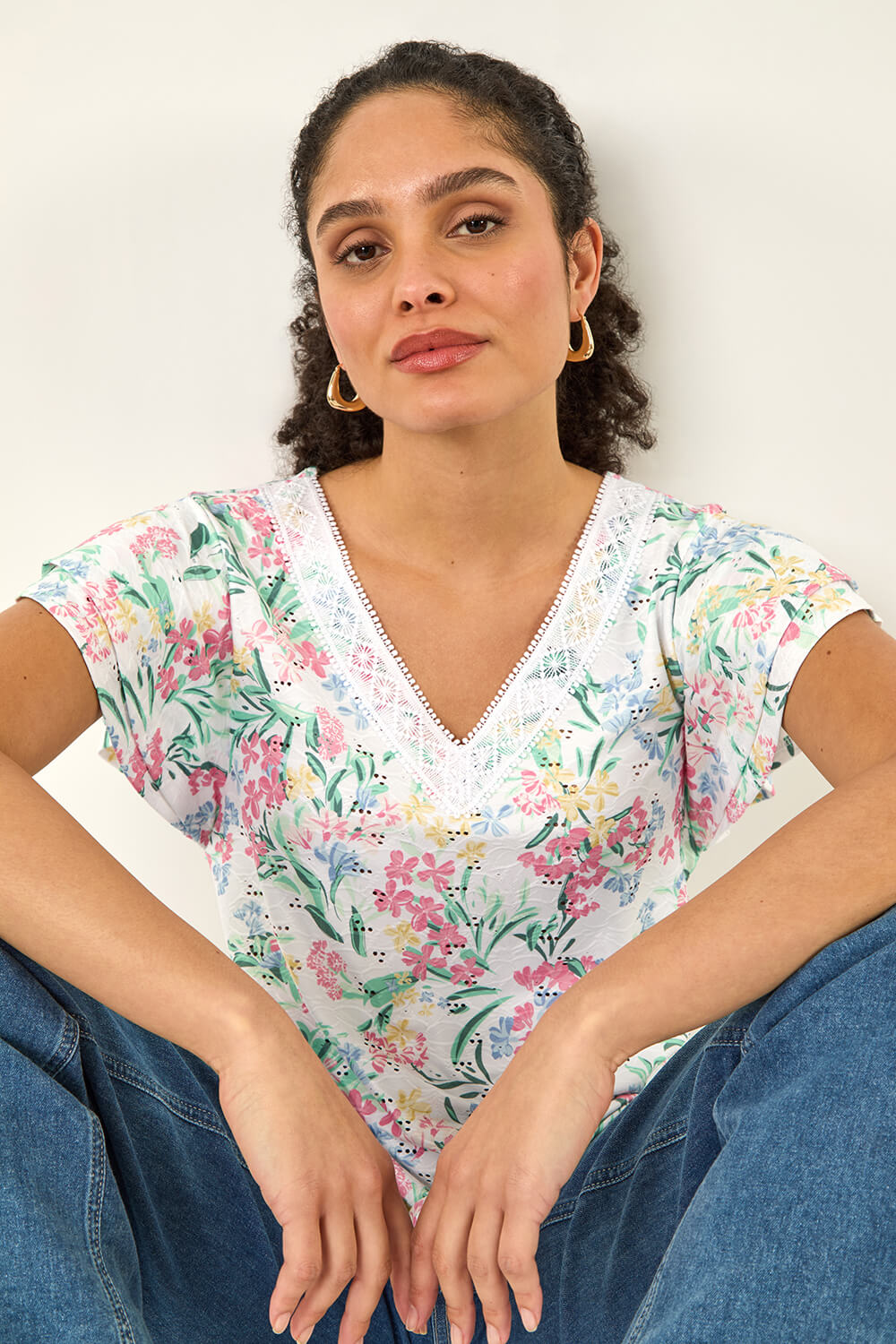 White Floral Lace Textured Top | Roman UK