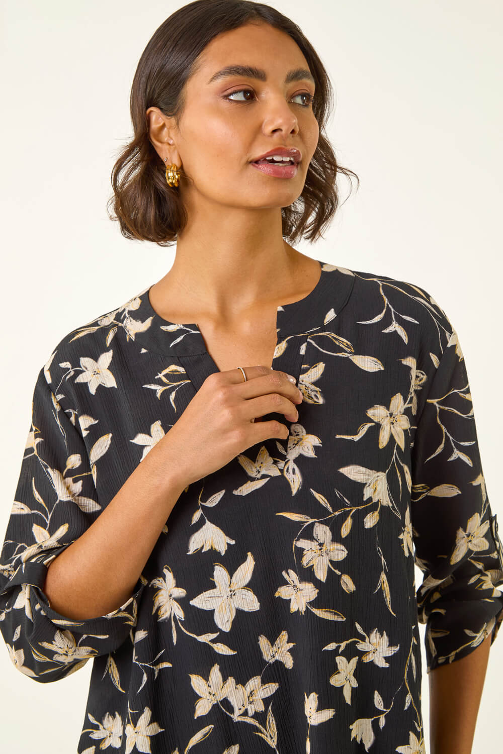 Black Floral Wrap Hem Tunic Top | Roman UK