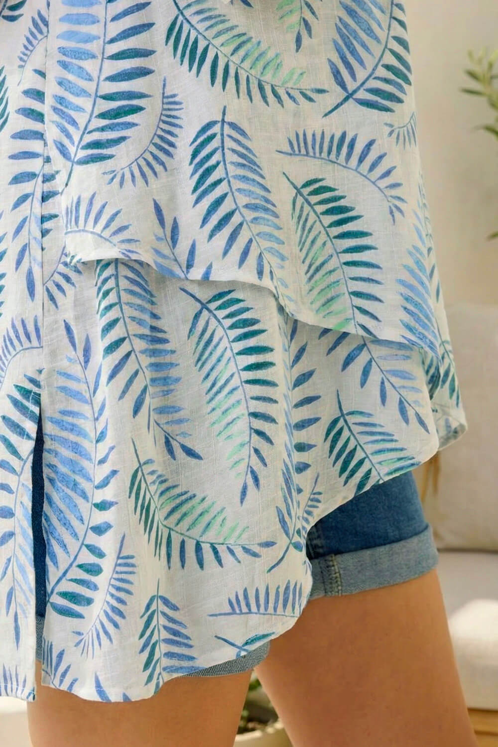 Blue Leaf Print Wrap Hem Tunic Top | Roman UK