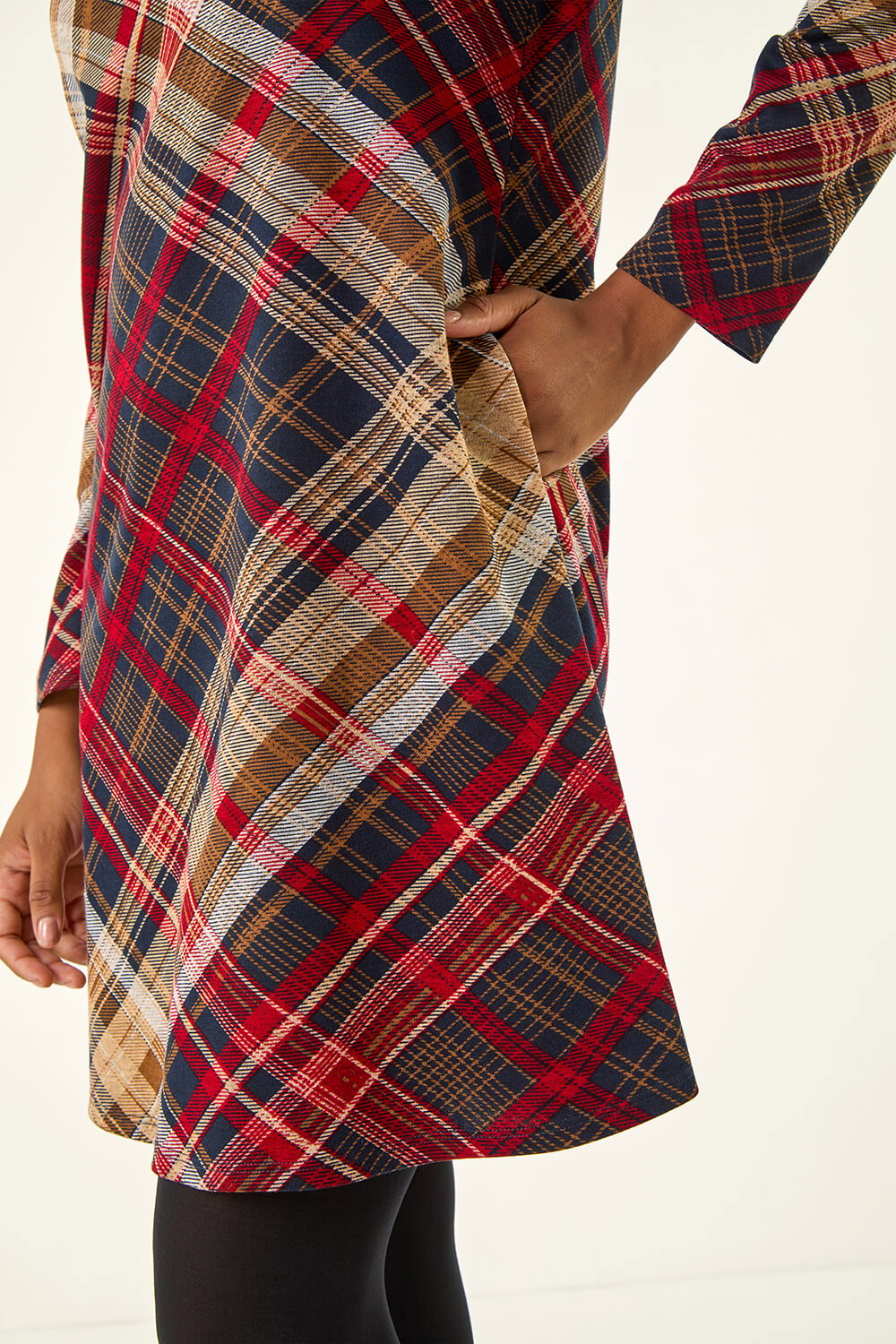 Red Check Print Swing Pocket Dress | Roman UK