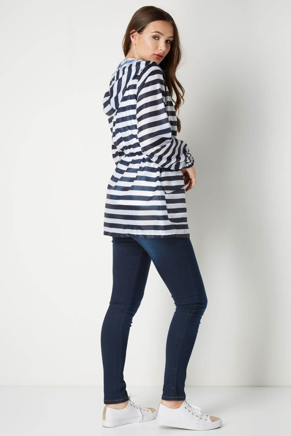 Stripe Rain Mac Coat with Hood in Navy - Roman Originals UK