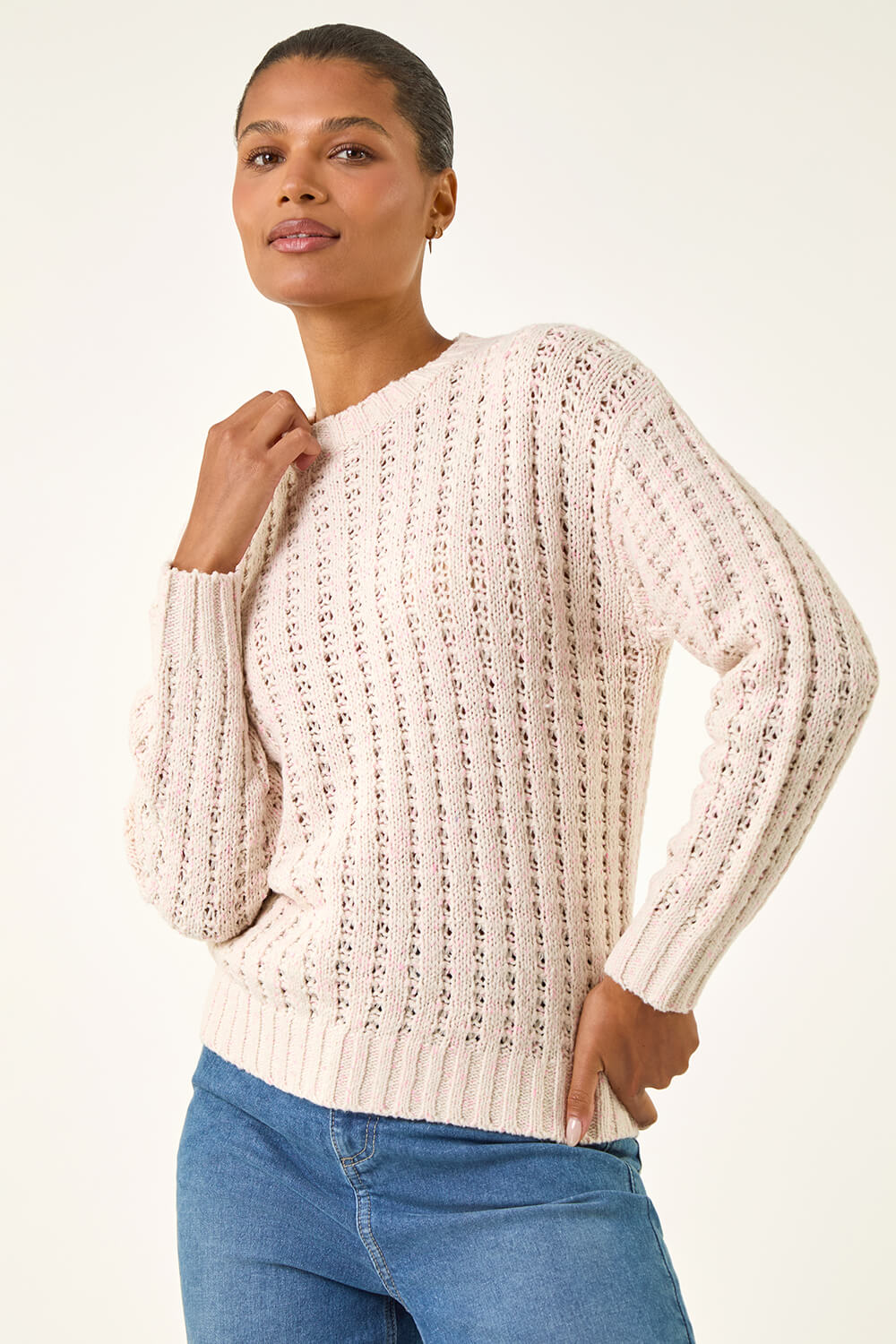 Beige Textured Knit Jumper | Roman UK
