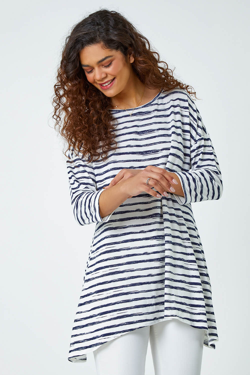 Navy Abstract Stripe Print Stretch Top | Roman UK