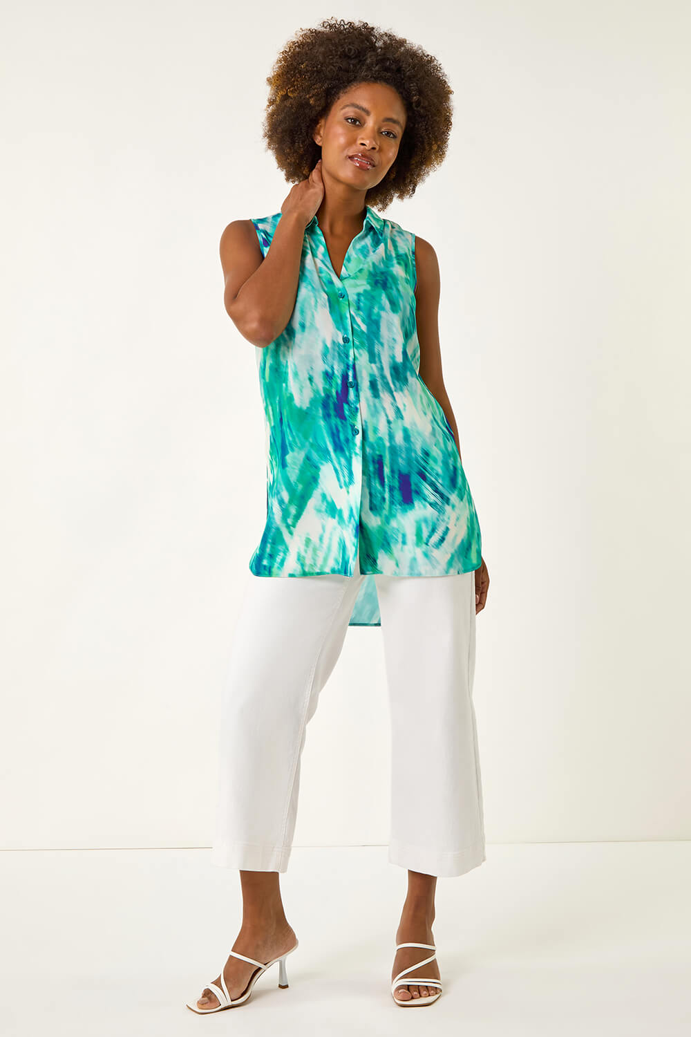 Blue Abstract Print Button Longline Blouse | Roman UK