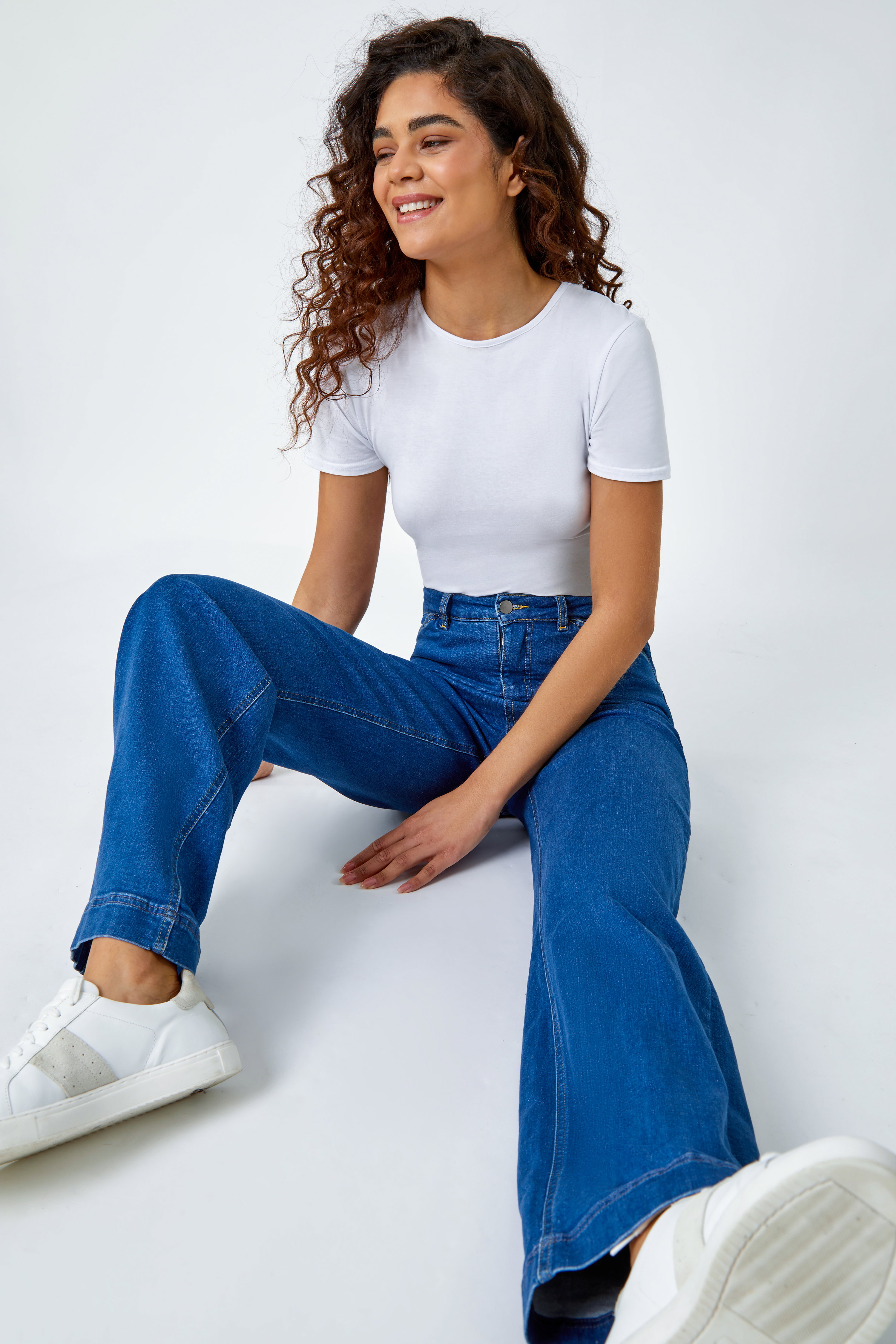 Denim Cotton Blend Wide Leg Stretch Jeans | Roman UK