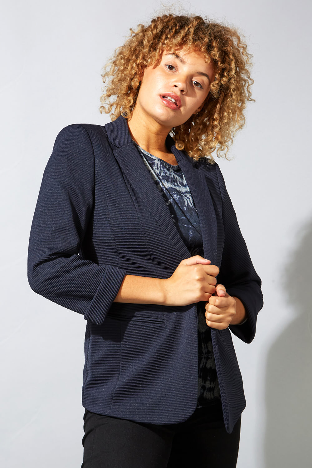 Ribbed 3/4 Sleeve Roll Cuff Jacket in Navy - Roman Originals UK