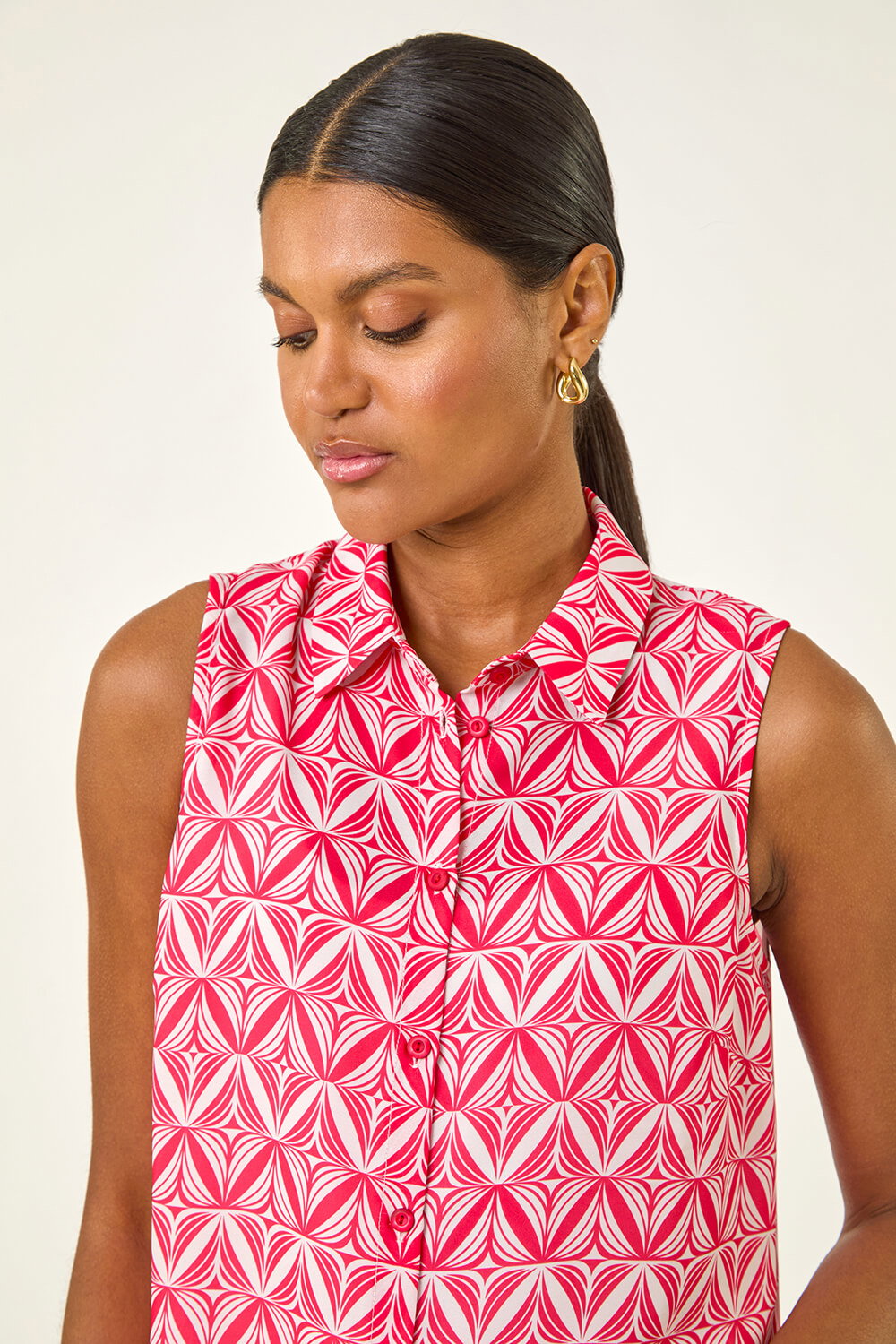 Red Geo Border Print Button Blouse | Roman UK