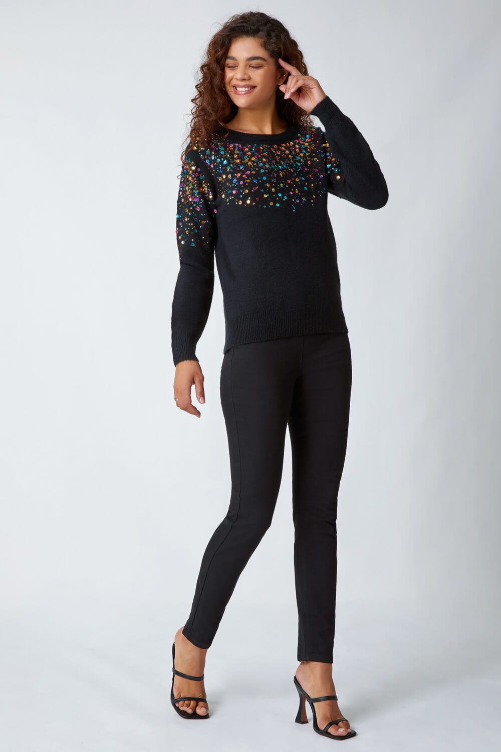 Black Embellished Sequin Stretch Jumper | Roman UK