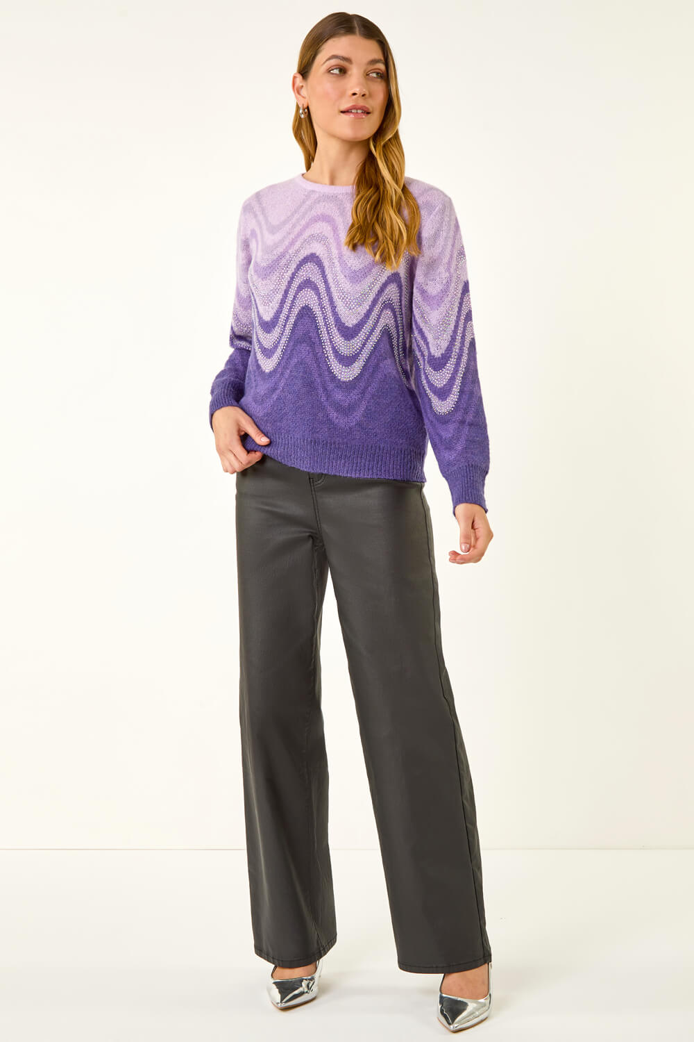 Purple Metallic Ombre Wave Knit Jumper | Roman UK