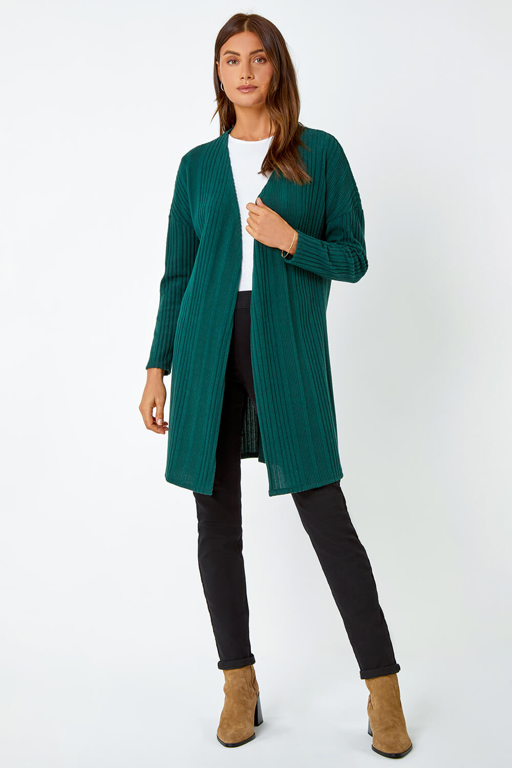 Green Ribbed Longline Stretch Knit Cardigan | Roman UK
