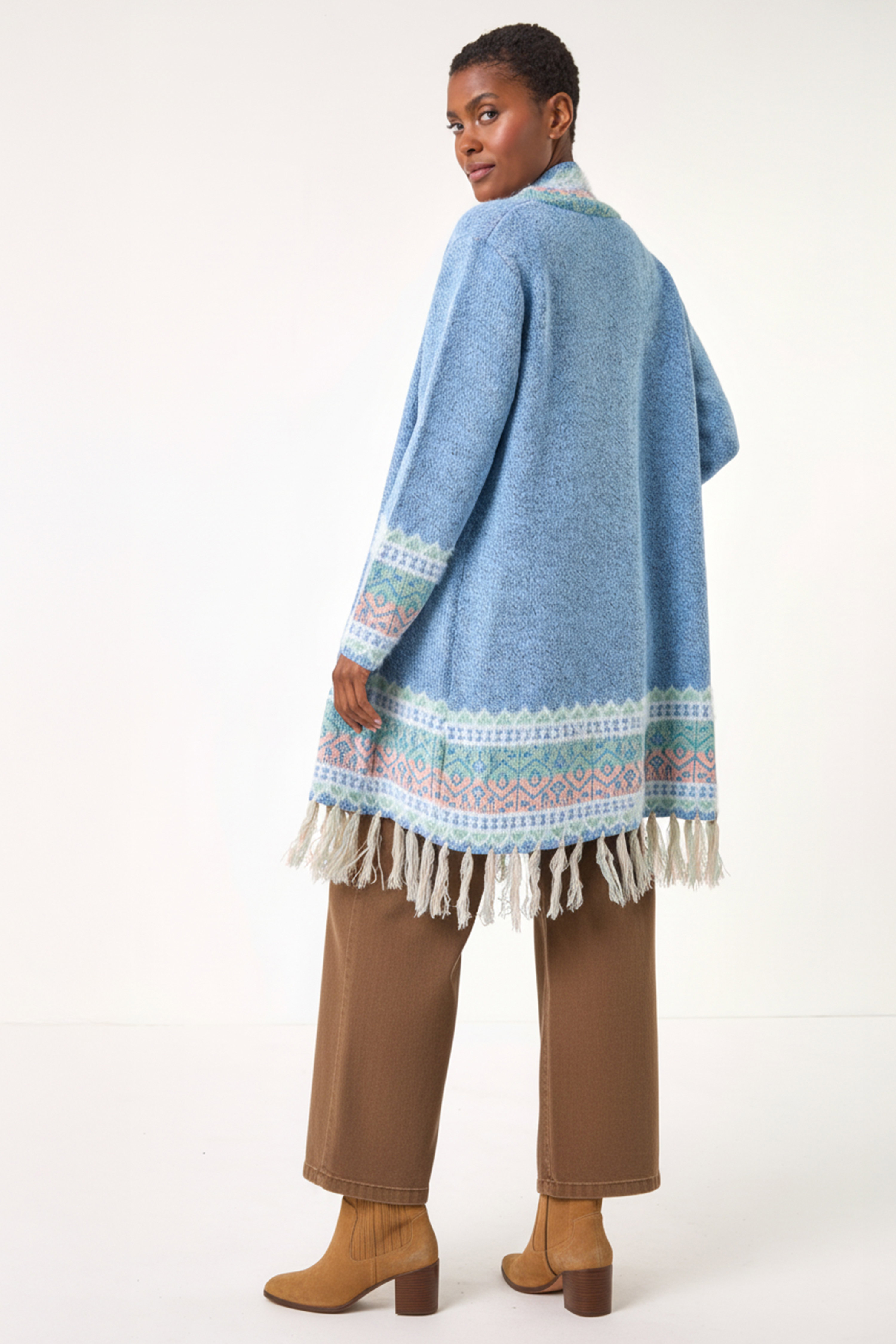 Light Blue Patterened Fringe Cardigan | Roman UK